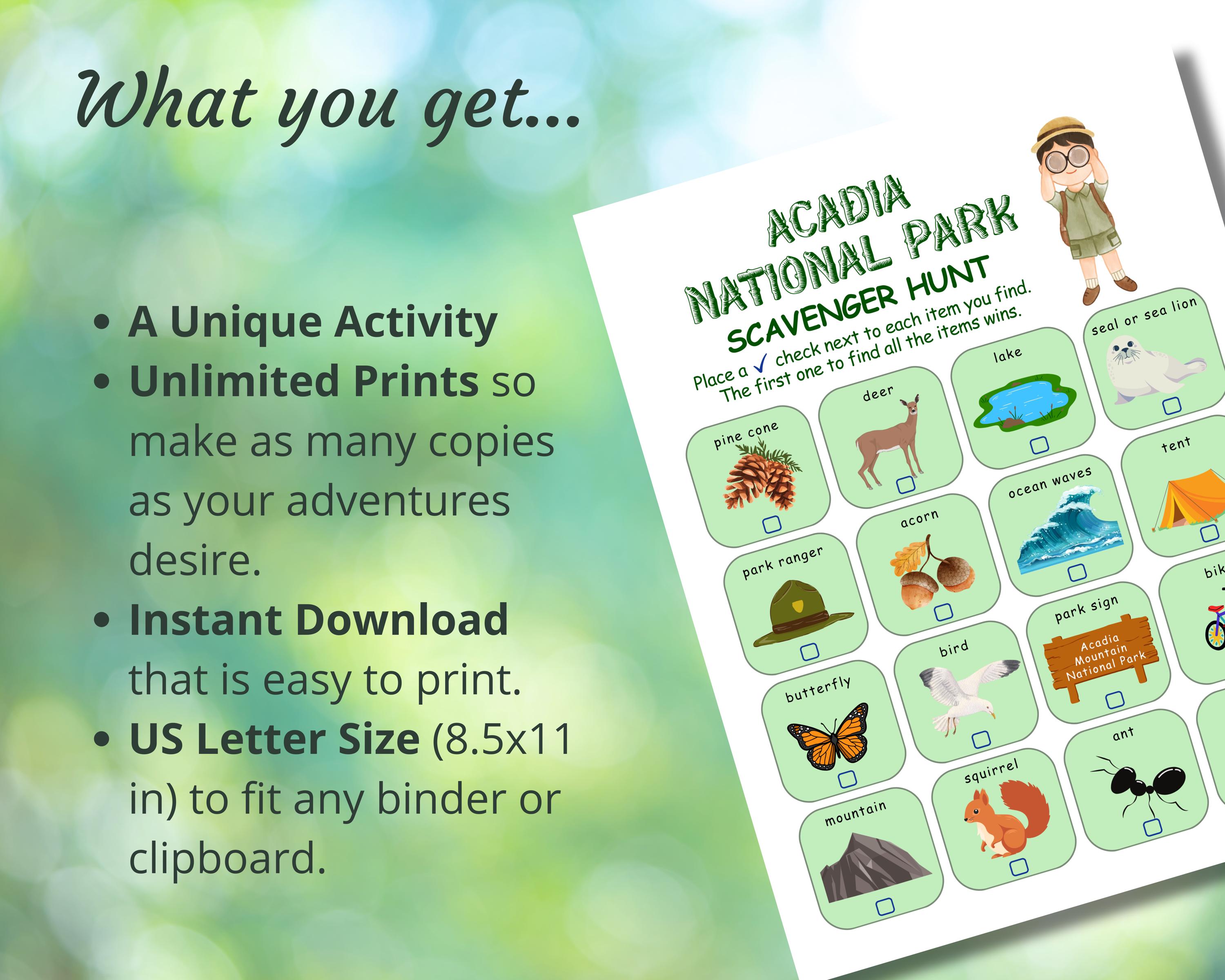 Acadia National Park Scavenger Hunt Printable Nature Games for Kids ...