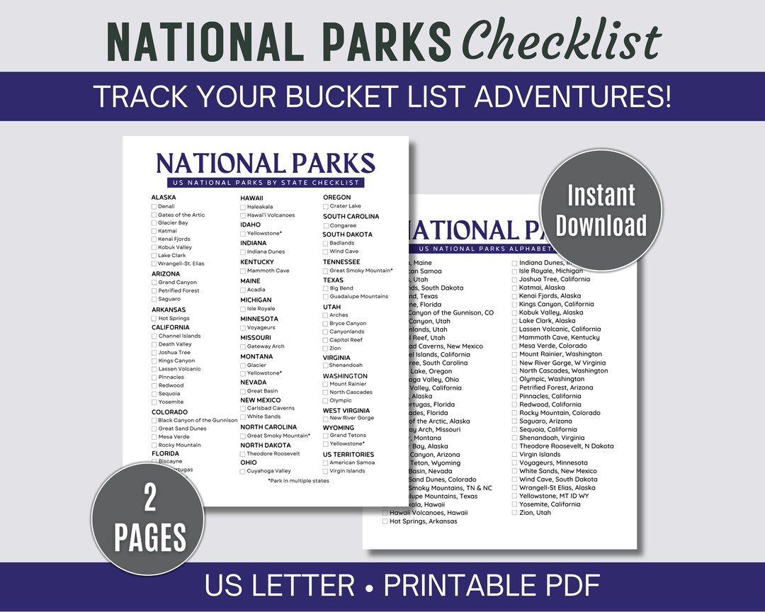 National Parks Checklist Printable National Park Bucket List Digital ...