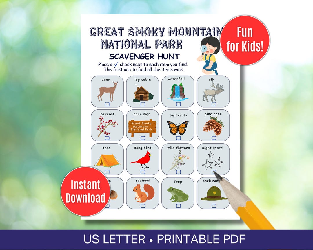 Great Smoky Mountains National Park Scavenger Hunt Printable Nature ...