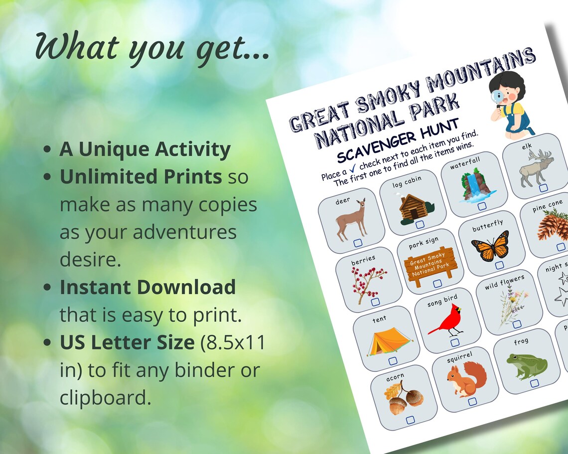 Great Smoky Mountains National Park Scavenger Hunt Printable Nature ...