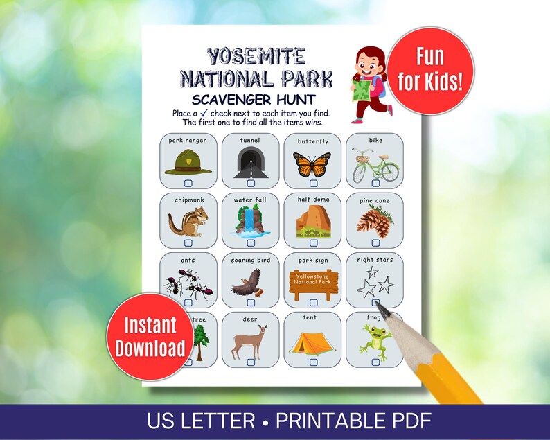 Yosemite National Park Scavenger Hunt Printable Nature Games for Kids ...