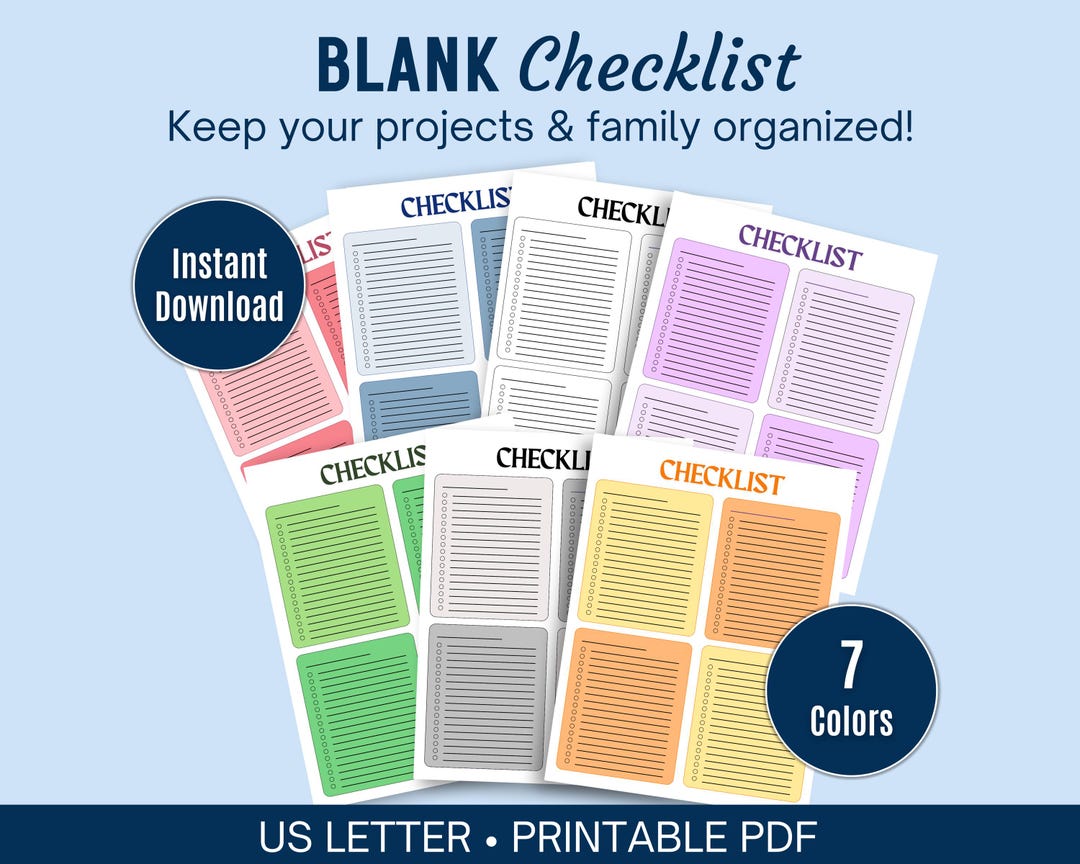 Printable Blank Checklist in 7 Colors, Perfect Task Planner Digital ...