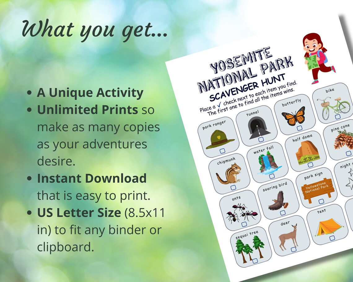 Yosemite National Park Scavenger Hunt Printable Nature Games for Kids ...