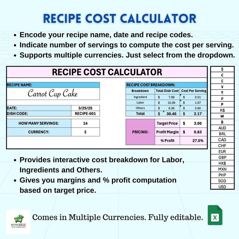 Recipe Cost Calculator Google Sheets and Excel Food Costing, Profit ...