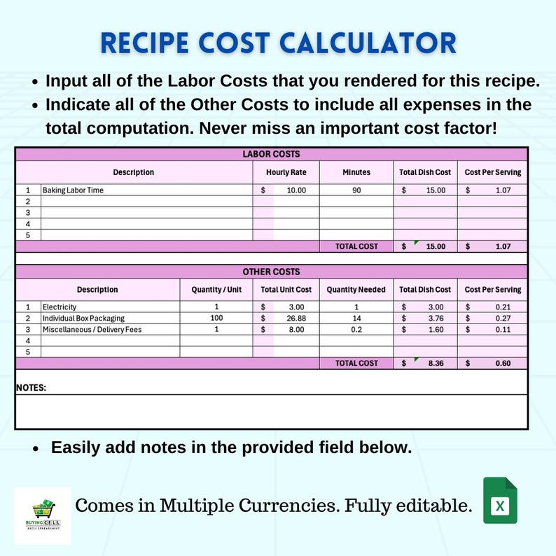 Recipe Cost Calculator Google Sheets and Excel Food Costing, Profit ...