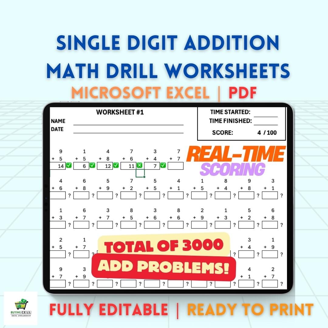 Addition Worksheets: Single Digit Math Drills (PDF, Excel) - Etsy