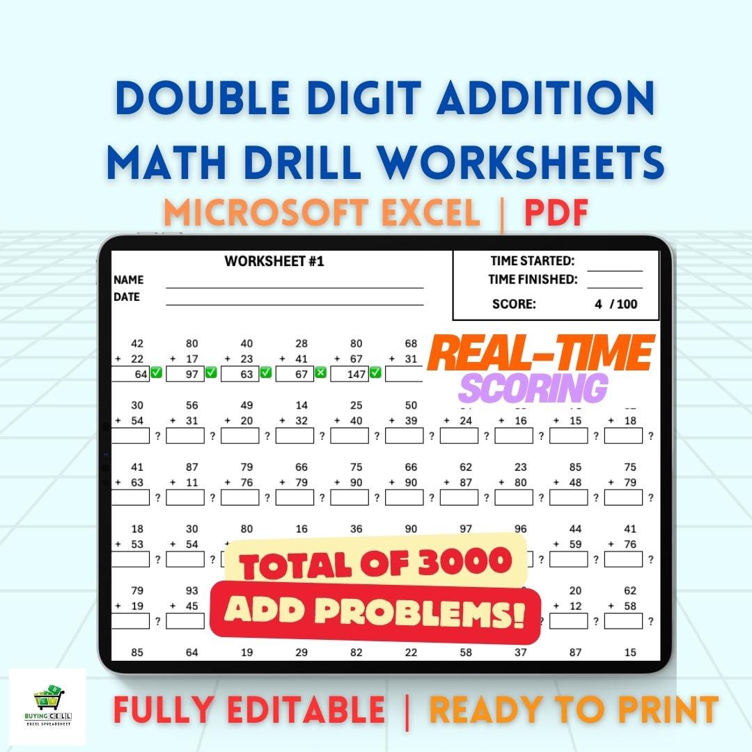 Double Digit Addition Worksheets for Kids Interactive Math Drills ...