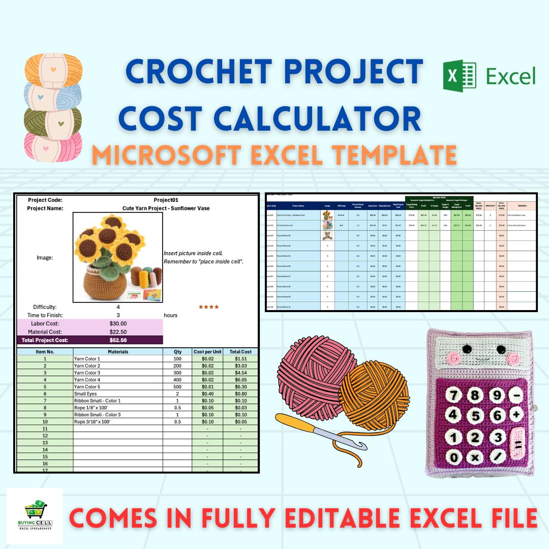 Crochet Project Cost Calculator Excel | Crochet Pricing Template for ...