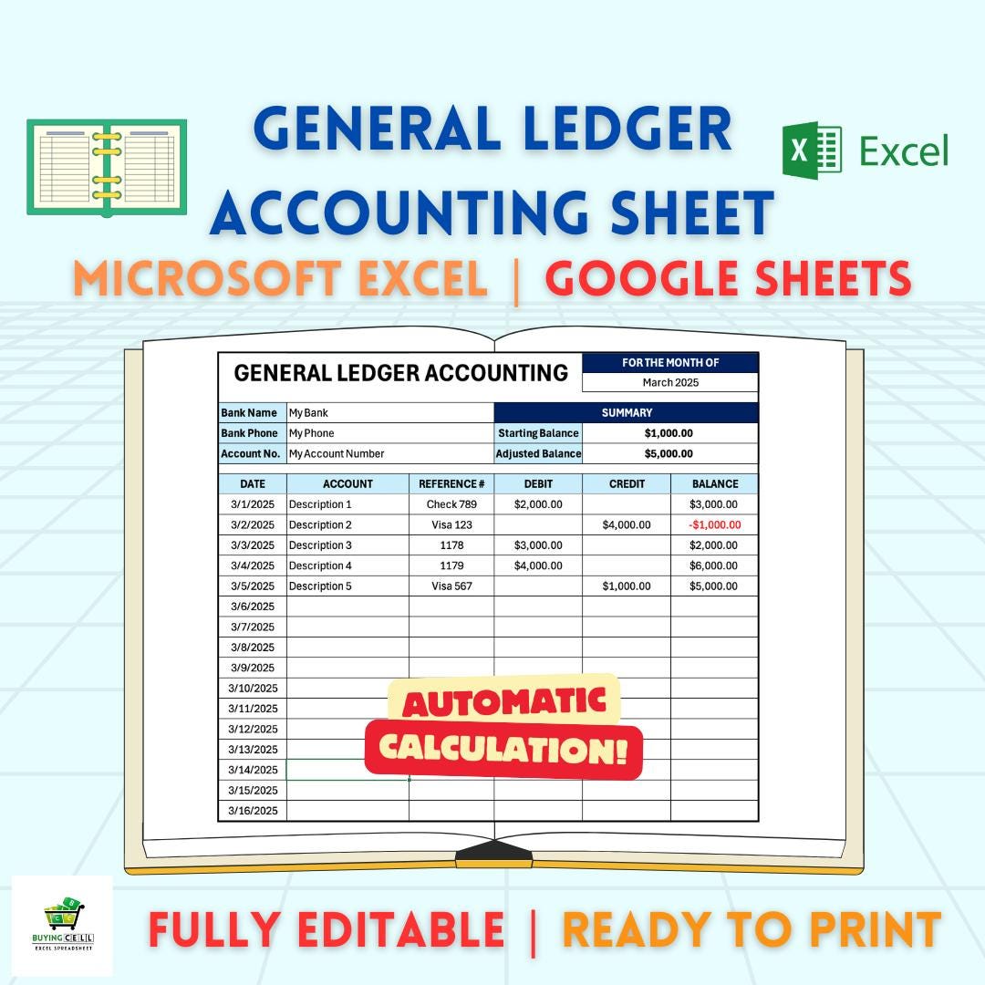 General Ledger Accounting Spreadsheet | Printable Debit Credit Ledger ...