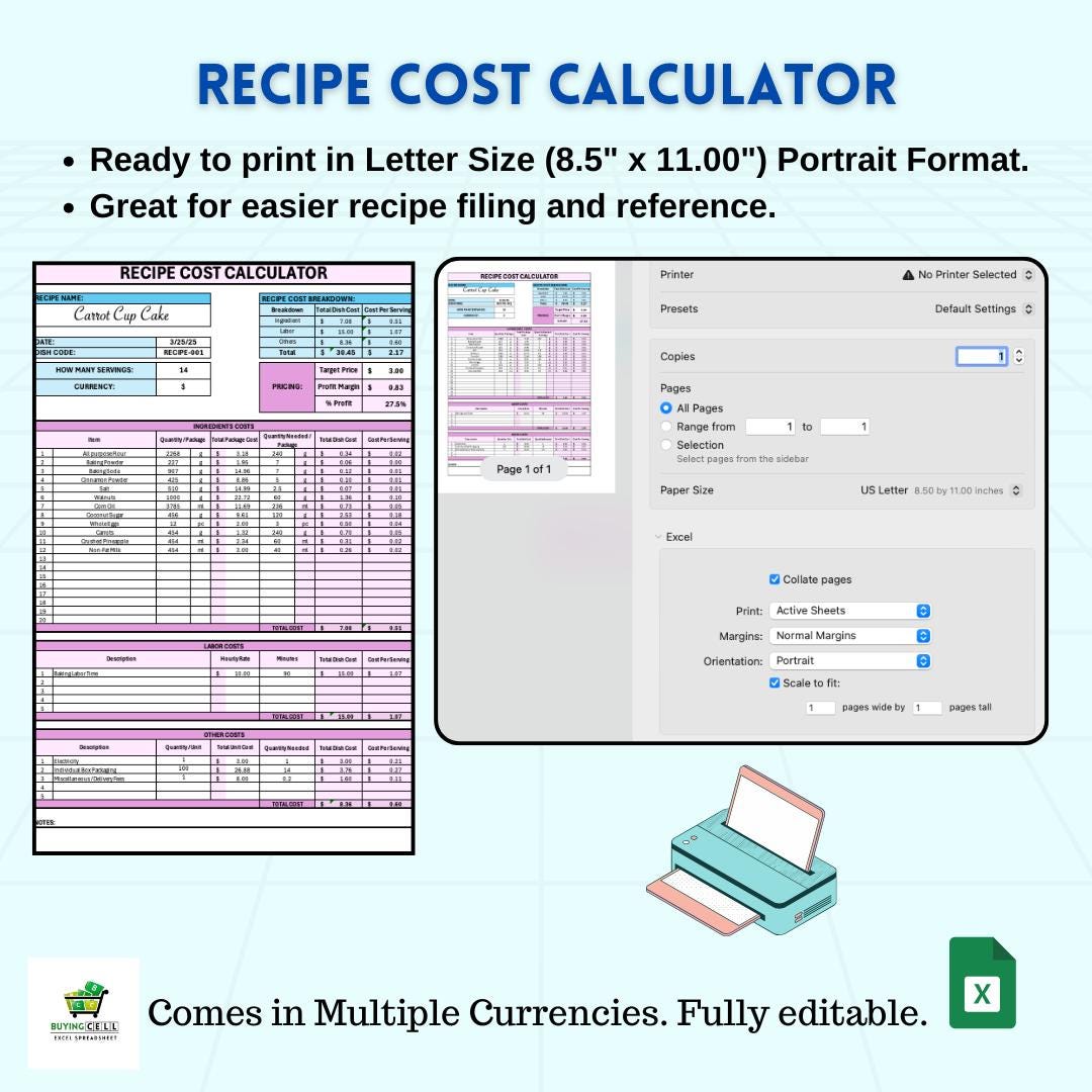 Recipe Cost Calculator Google Sheets and Excel Food Costing, Profit ...