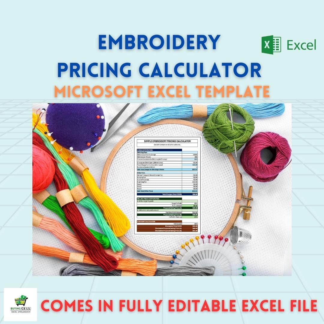 Embroidery Pricing Calculator Excel Template, Price Handmade Products ...