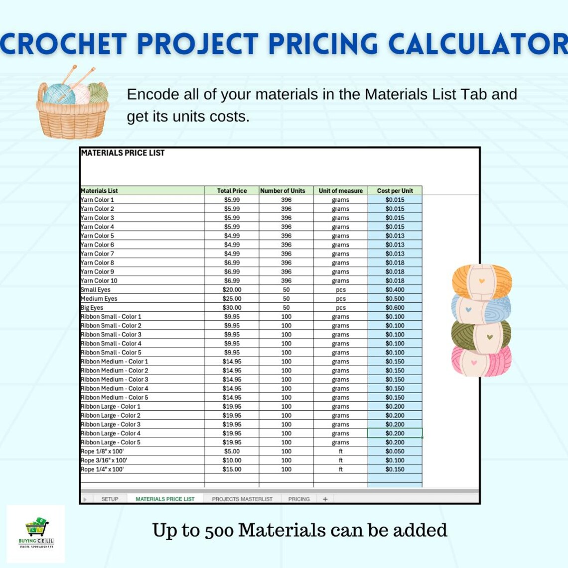 Crochet Project Cost Calculator Excel | Crochet Pricing Template for ...