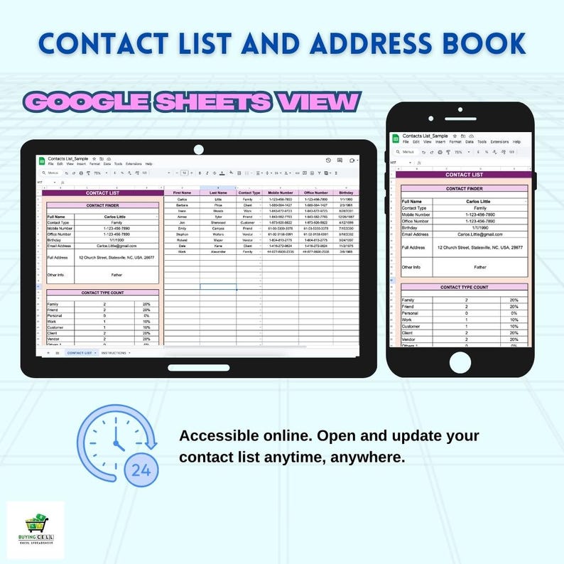 Contact List Google Sheets & Excel | Digital Phone Book Emergency ...
