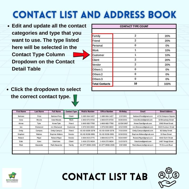 Contact List Google Sheets & Excel | Digital Phone Book Emergency ...