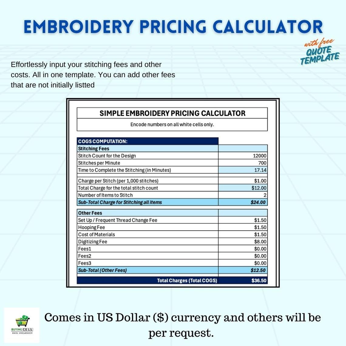 Embroidery Pricing Calculator Excel Template, Price Handmade Products ...