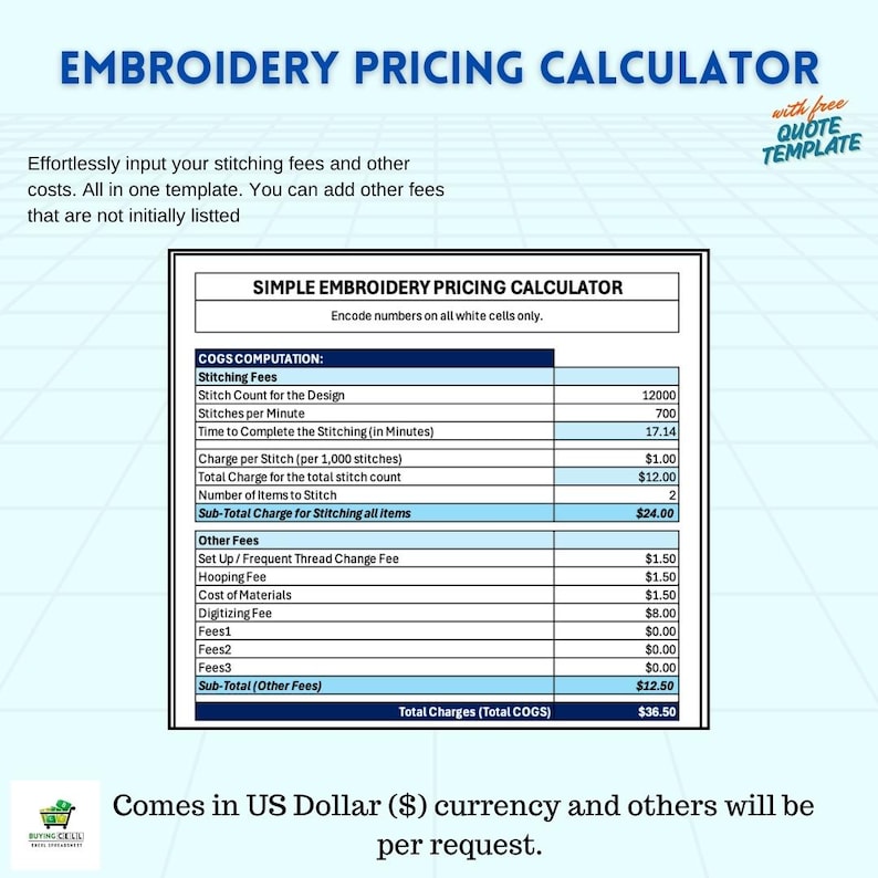 Embroidery Pricing Calculator Excel Template, Price Handmade Products ...