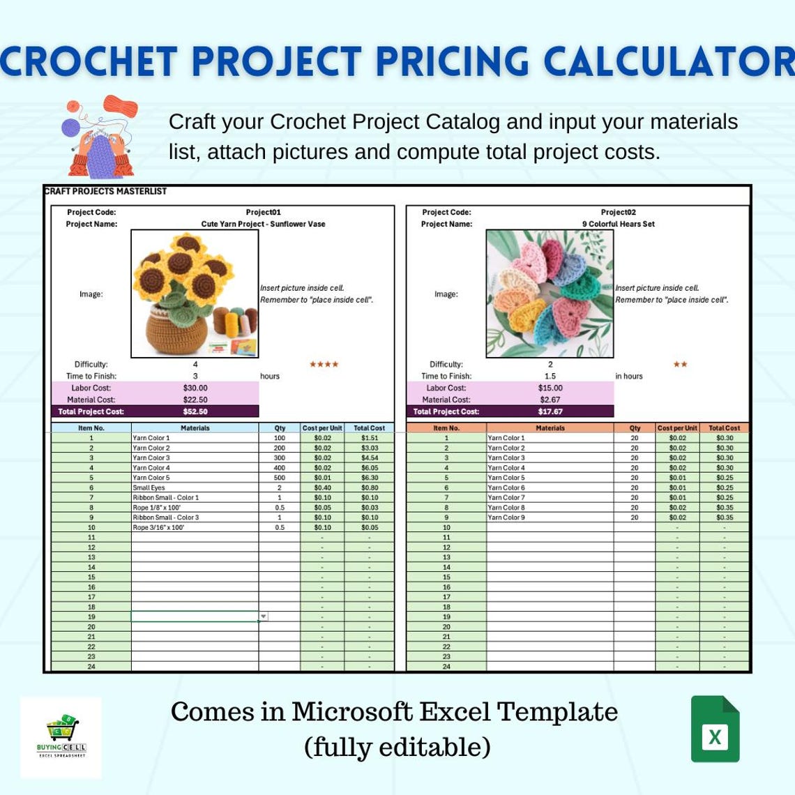 Crochet Project Cost Calculator Excel | Crochet Pricing Template for ...