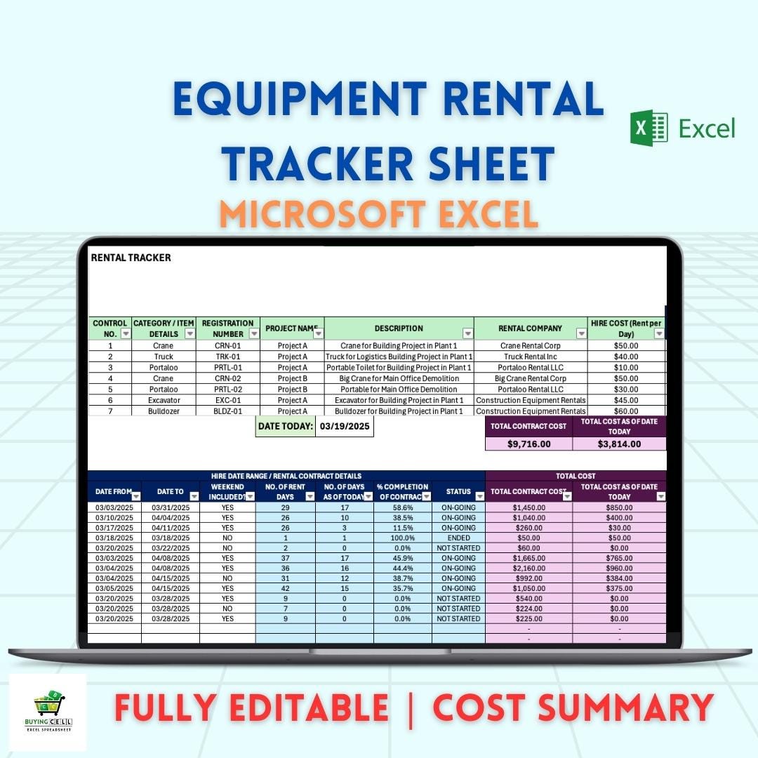 Equipment Rental Tracker - Excel Cost Calculator Tool for Rental ...