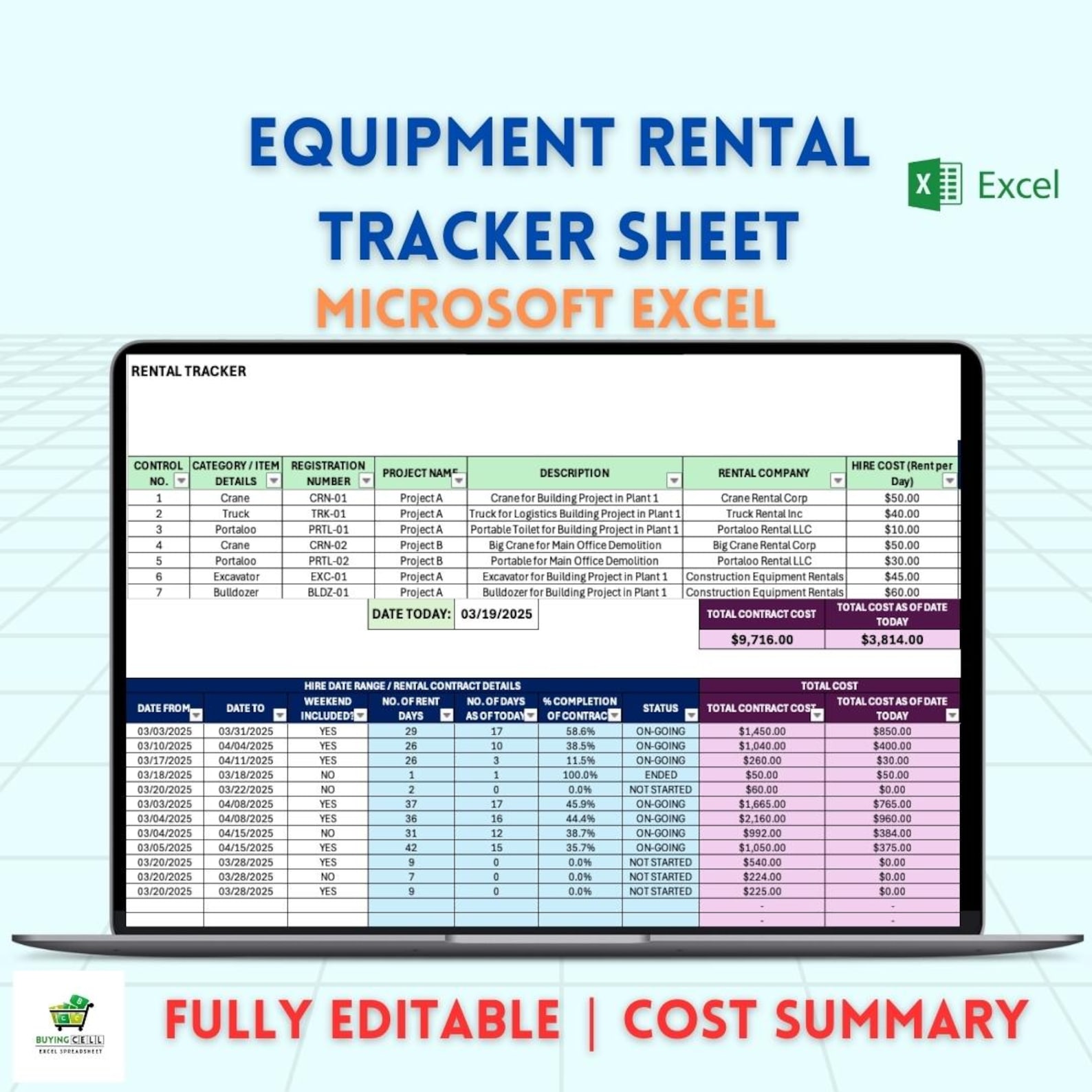 Equipment Rental Tracker - Excel Cost Calculator Tool for Rental ...