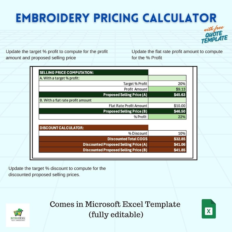 Embroidery Pricing Calculator Excel Template, Price Handmade Products ...