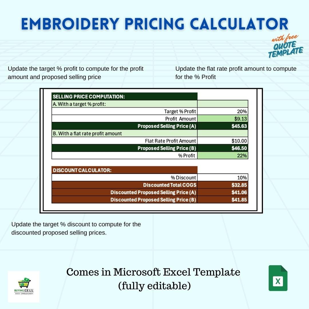 Embroidery Pricing Calculator Excel Template, Price Handmade Products ...
