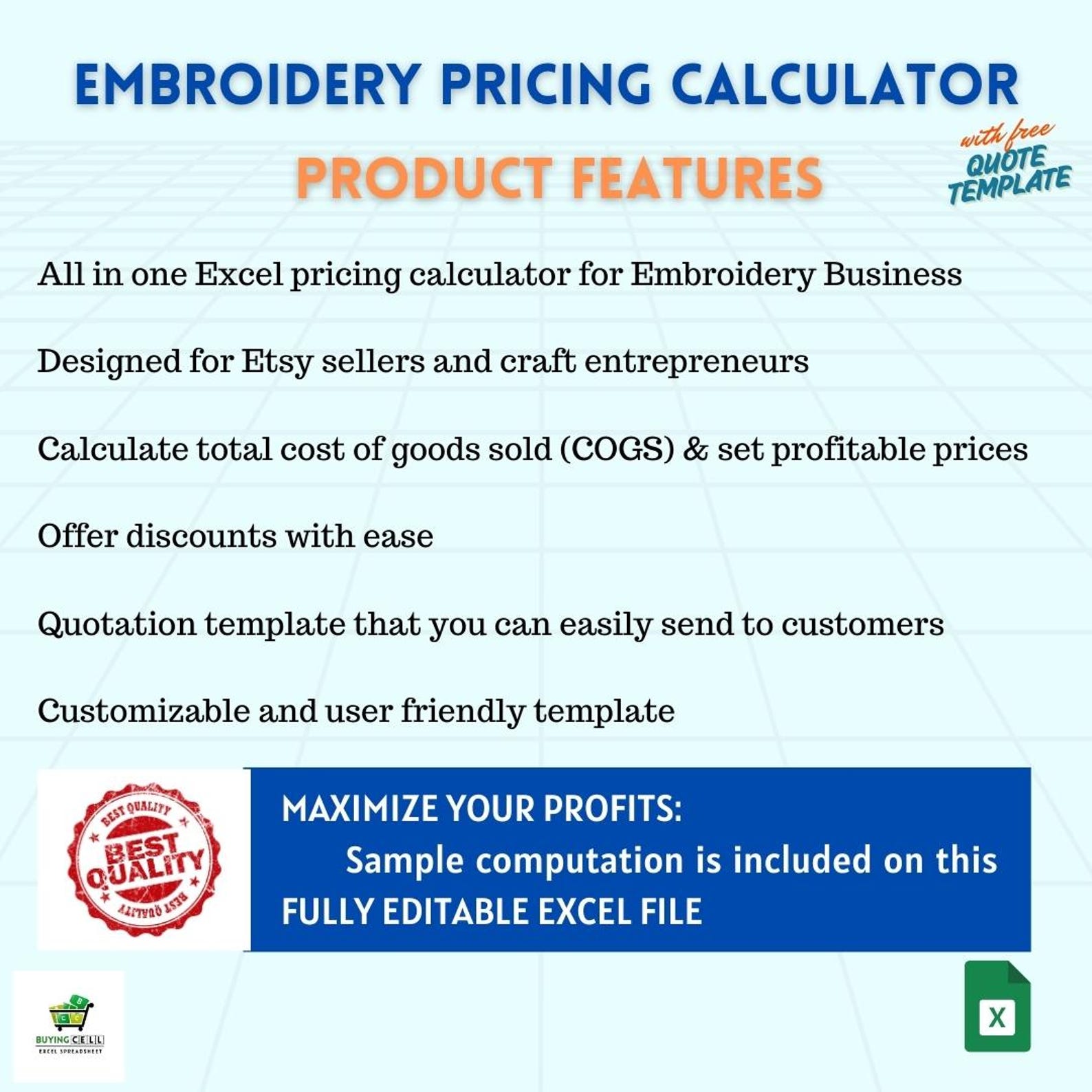 Embroidery Pricing Calculator Excel Template, Price Handmade Products ...