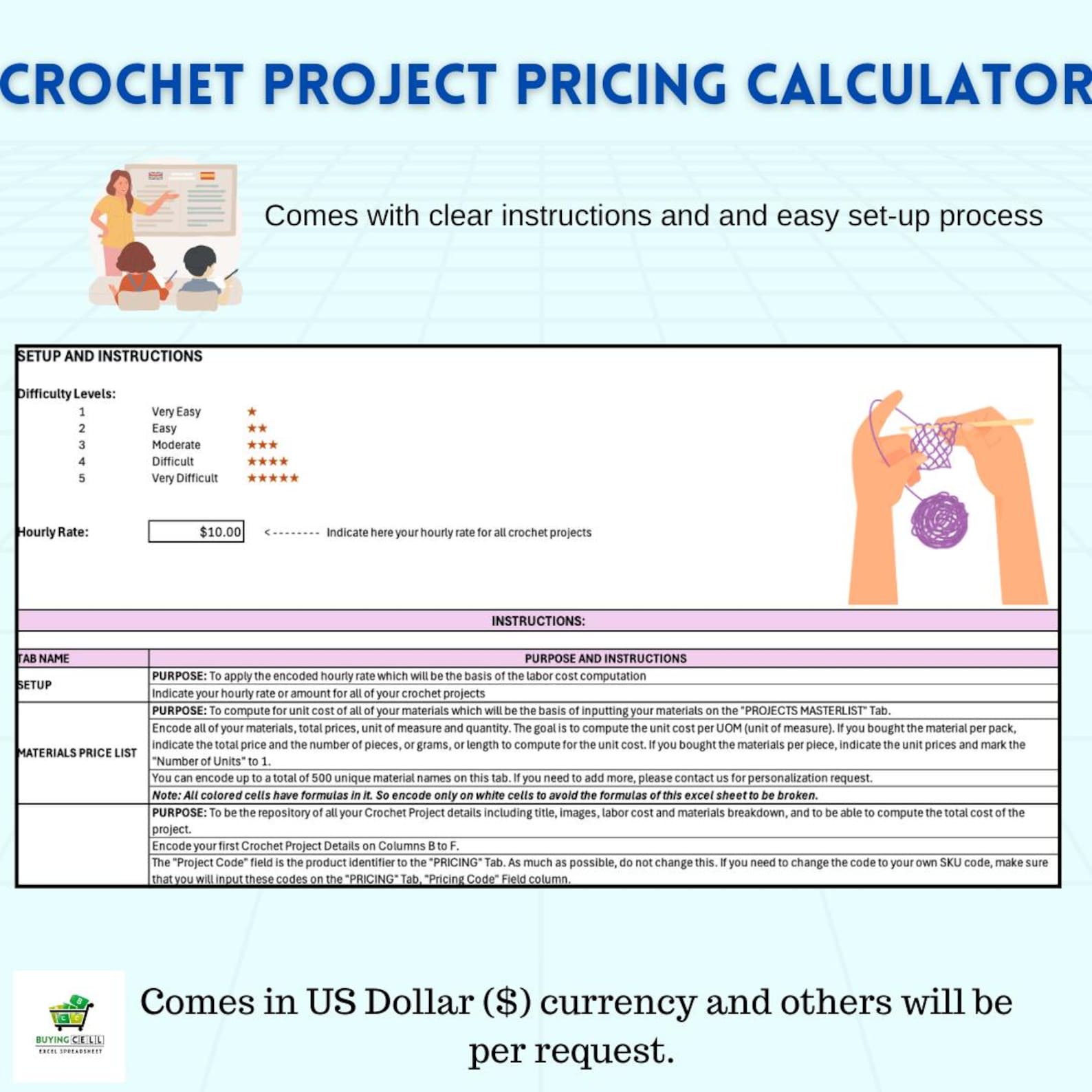 Crochet Project Cost Calculator Excel | Crochet Pricing Template for ...
