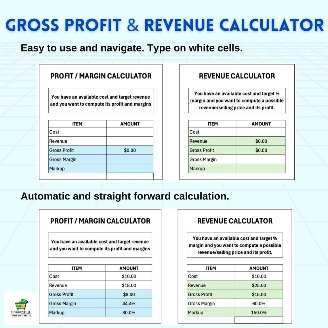 Gross Margin Calculator Excel and Google Sheets – Digital Download to ...