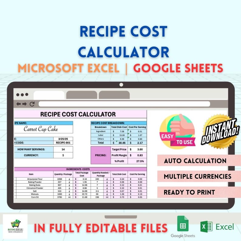 Recipe Cost Calculator Google Sheets and Excel Food Costing, Profit ...
