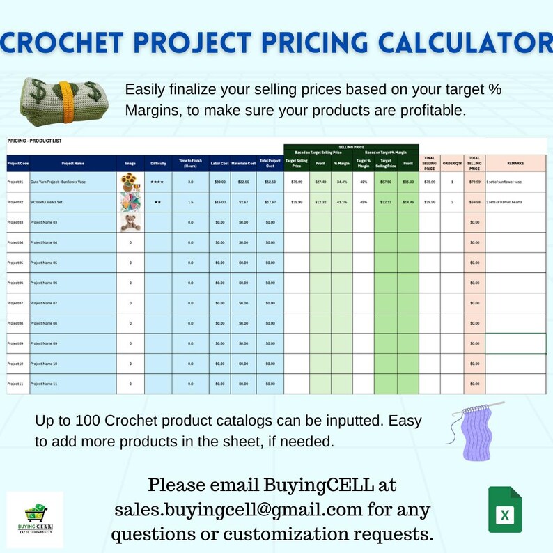 Crochet Project Cost Calculator Excel | Crochet Pricing Template for ...