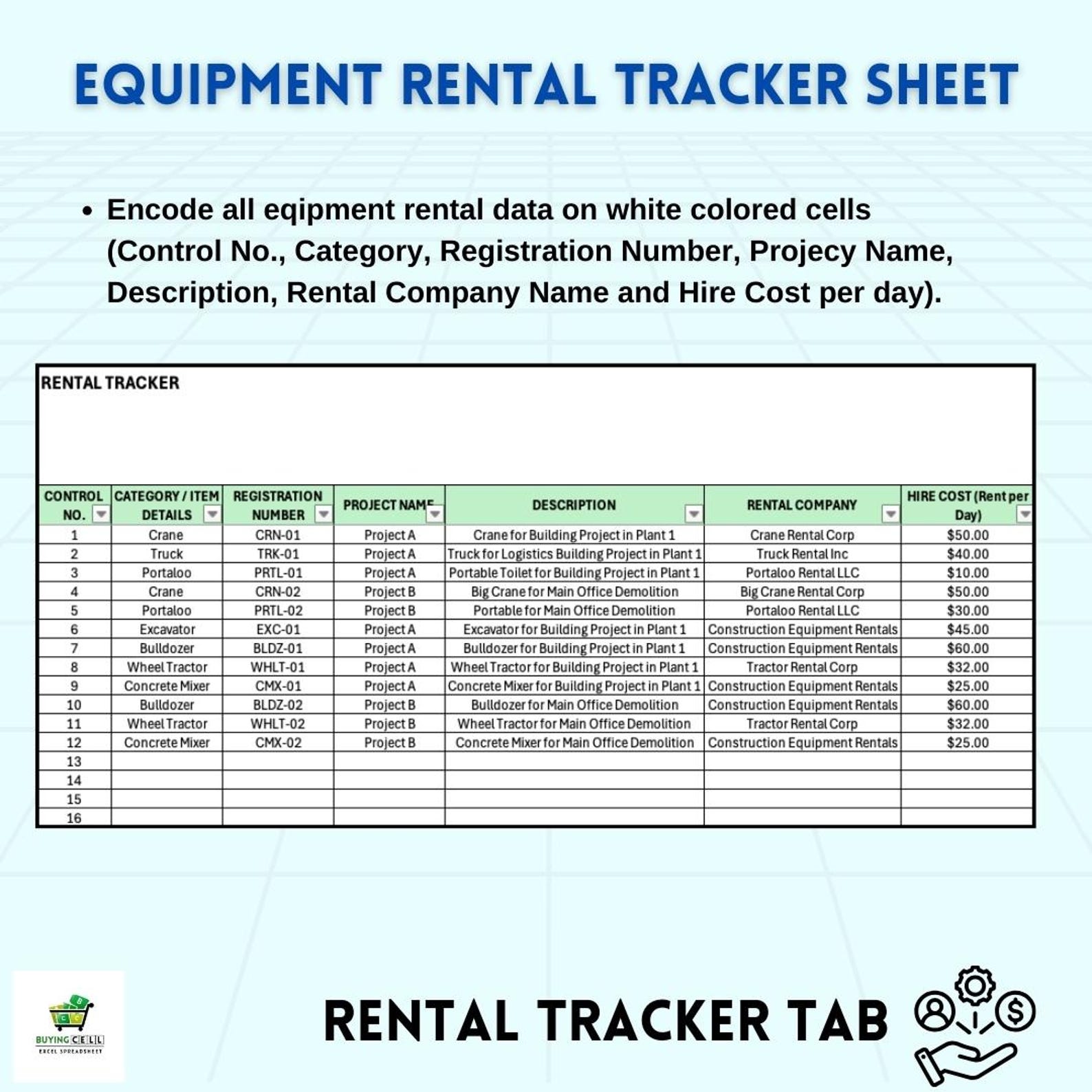Equipment Rental Tracker - Excel Cost Calculator Tool for Rental ...