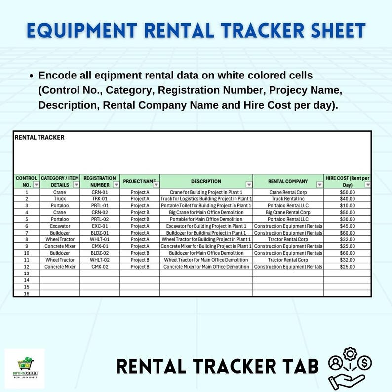 Equipment Rental Tracker - Excel Cost Calculator Tool for Rental ...
