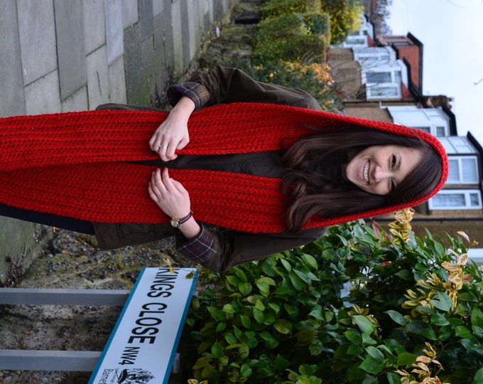 Red Hooded Scarf, Crochet Hooded Scarf, Womens Scarf, Chunky Hooded ...