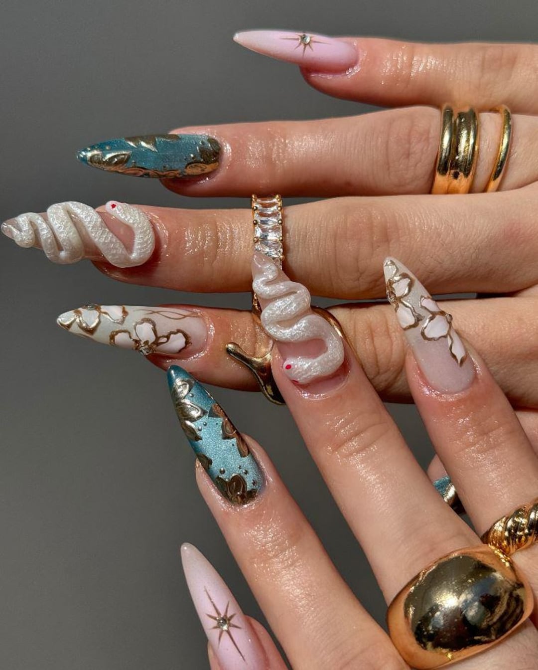 Handmade Snake Press on Nails | 3D White Snake Design With Blue Chrome ...