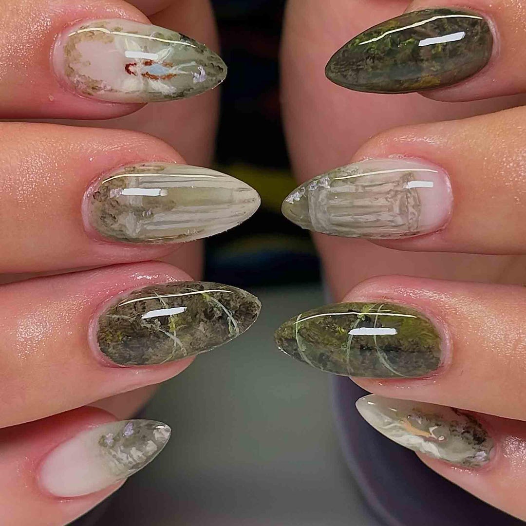 Handmade Nature Landscape Press on Nails | Forest Bridge, Moss Green ...