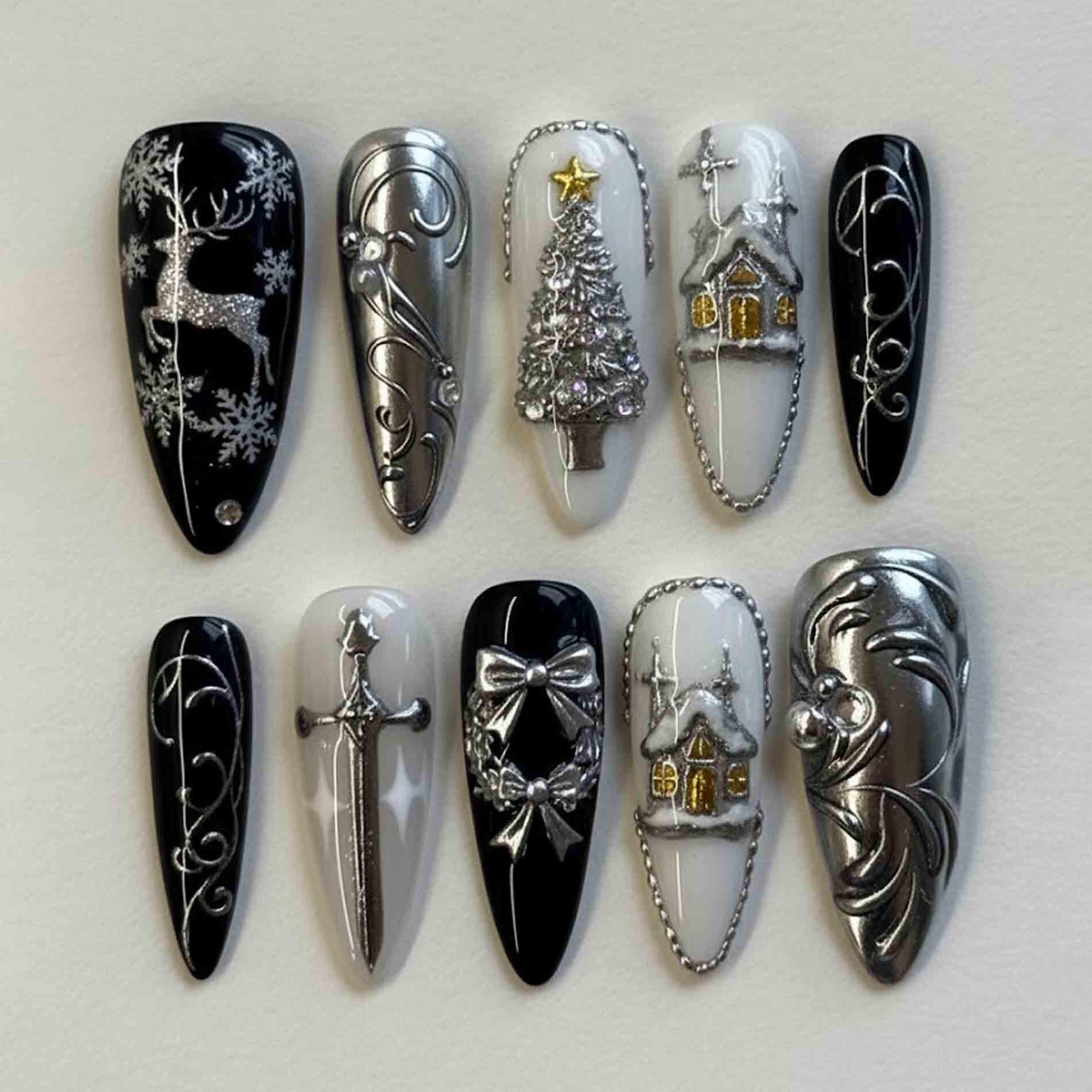 Handmade Gothic Christmas Press on Nails | Silver Reindeer, Sword & 3D ...
