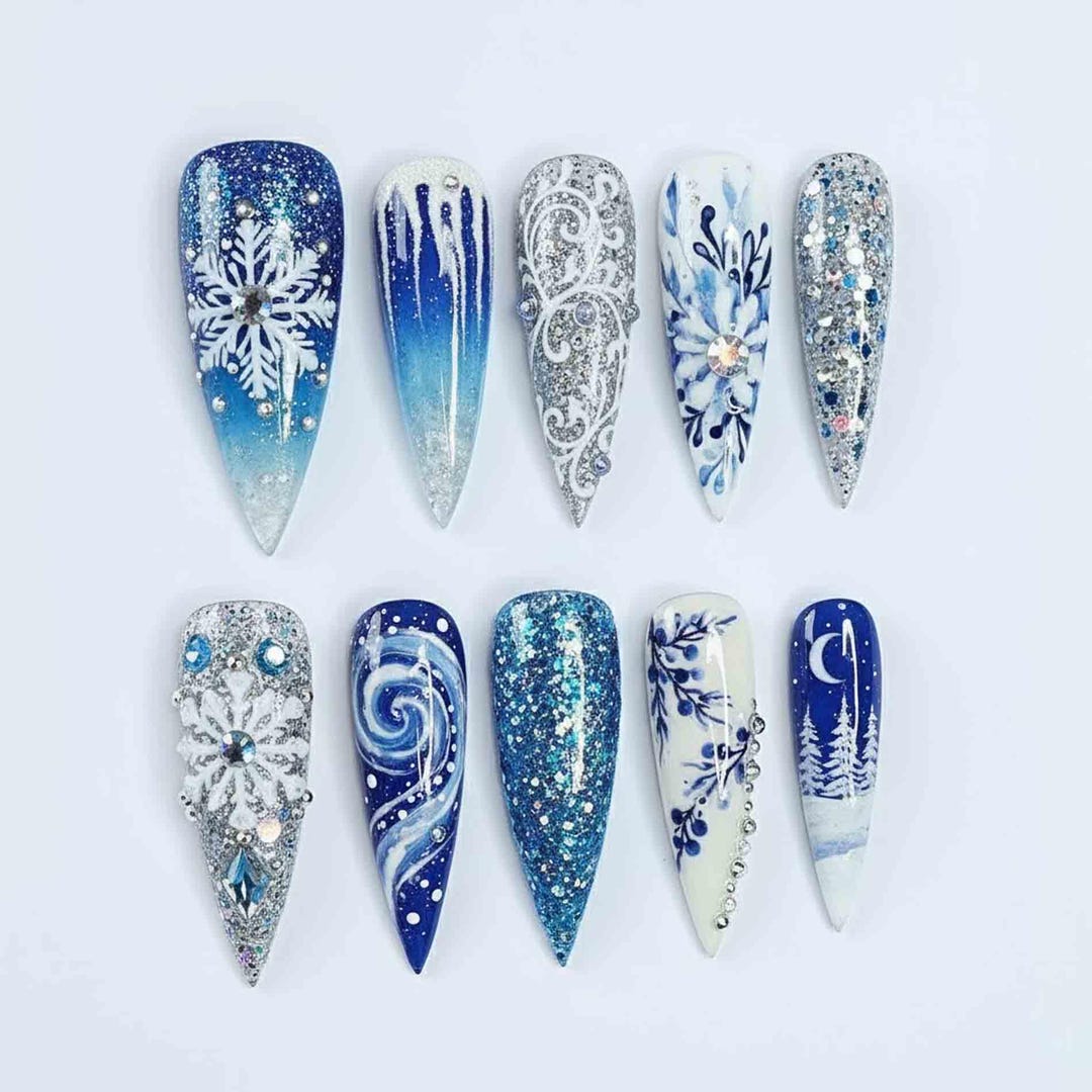 Handmade Frozen Winter Press on Nails | Blue Snowflakes, Glitter & Ice ...