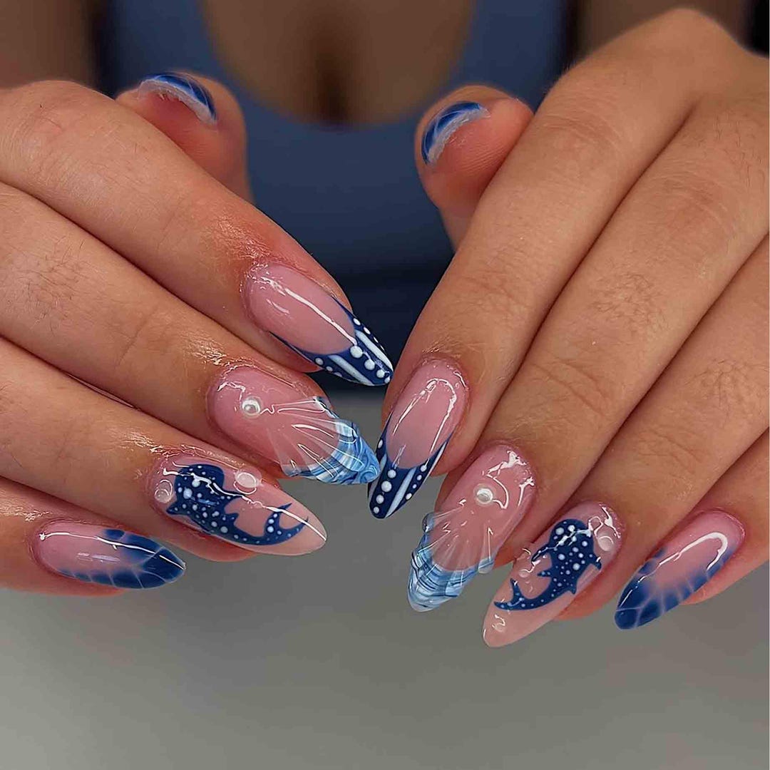 Handmade Whale Shark Ocean Press on Nails | 3D Clear Petal & Blue Wave ...