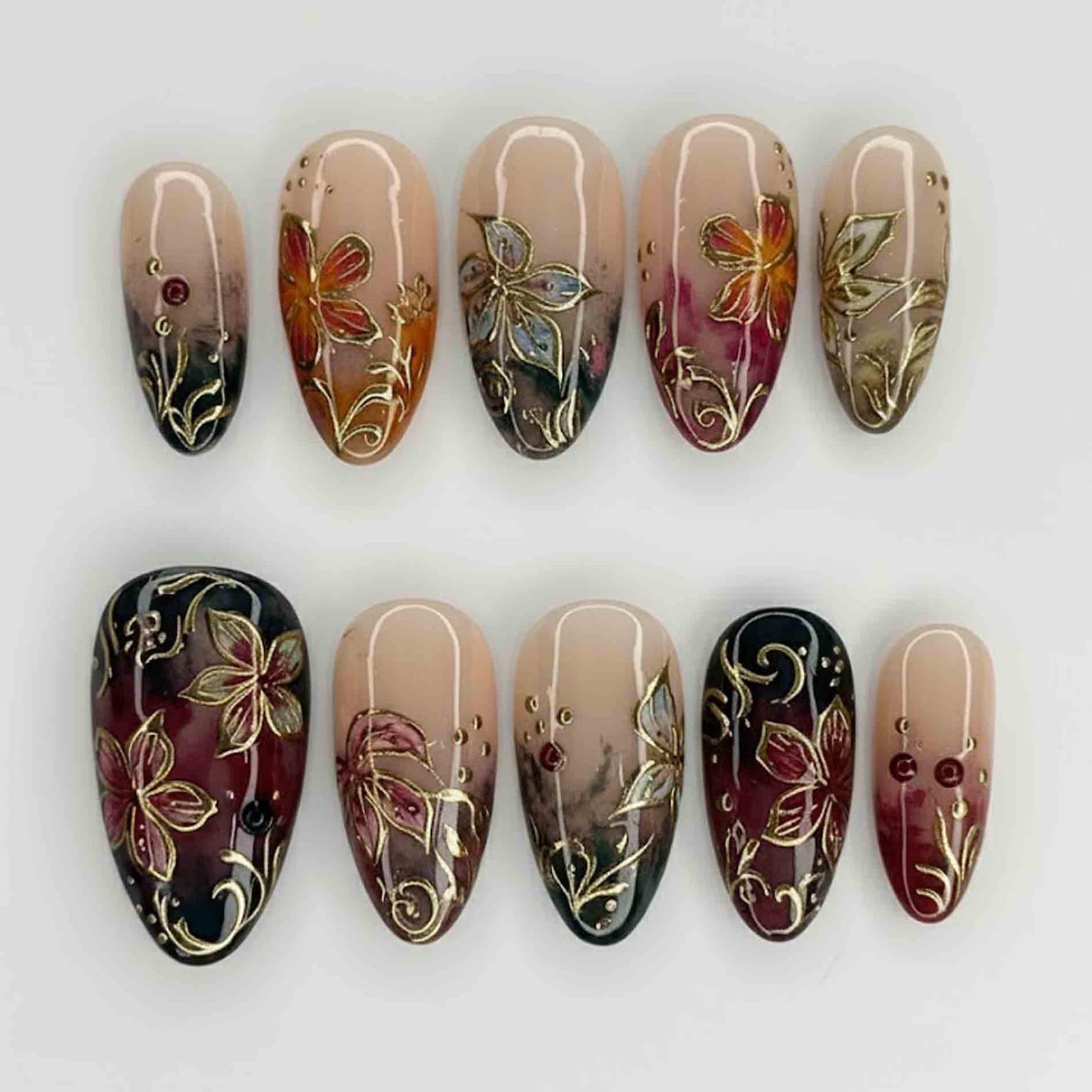 Handmade Autumn Bloom Press on Nails | Gradient Florals With Gold Leaf ...
