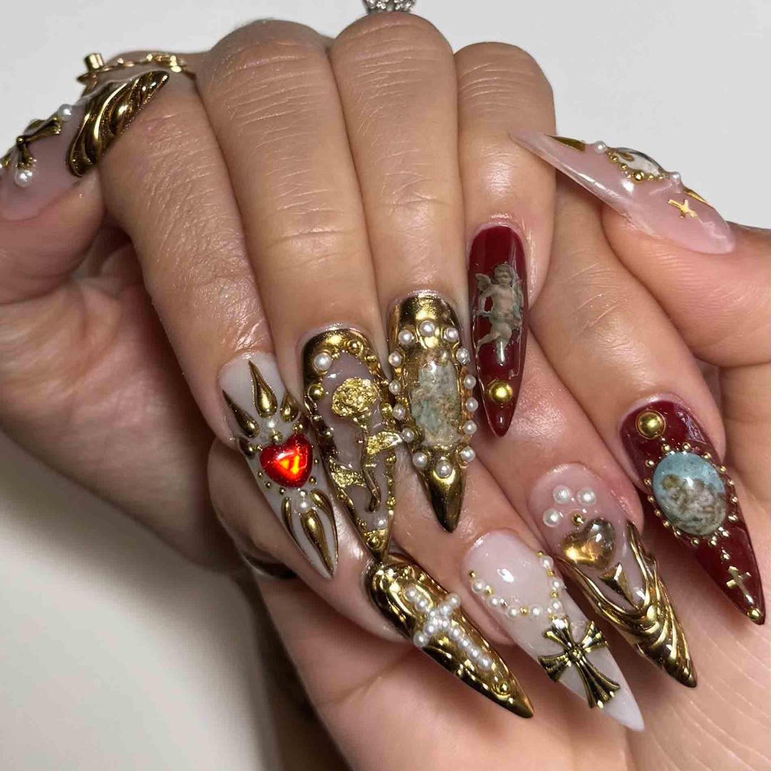 Handmade Baroque Angel Press on Nails | Gold Frames, Cross Charms ...