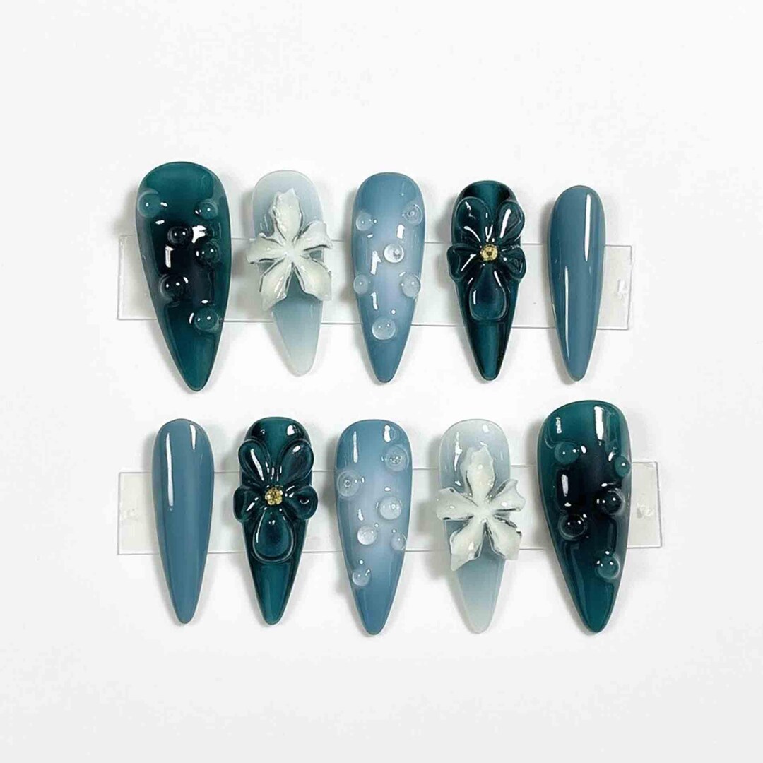 Handmade Teal Floral Press on Nails | 3D Flowers, Dew Drops & Gradient ...