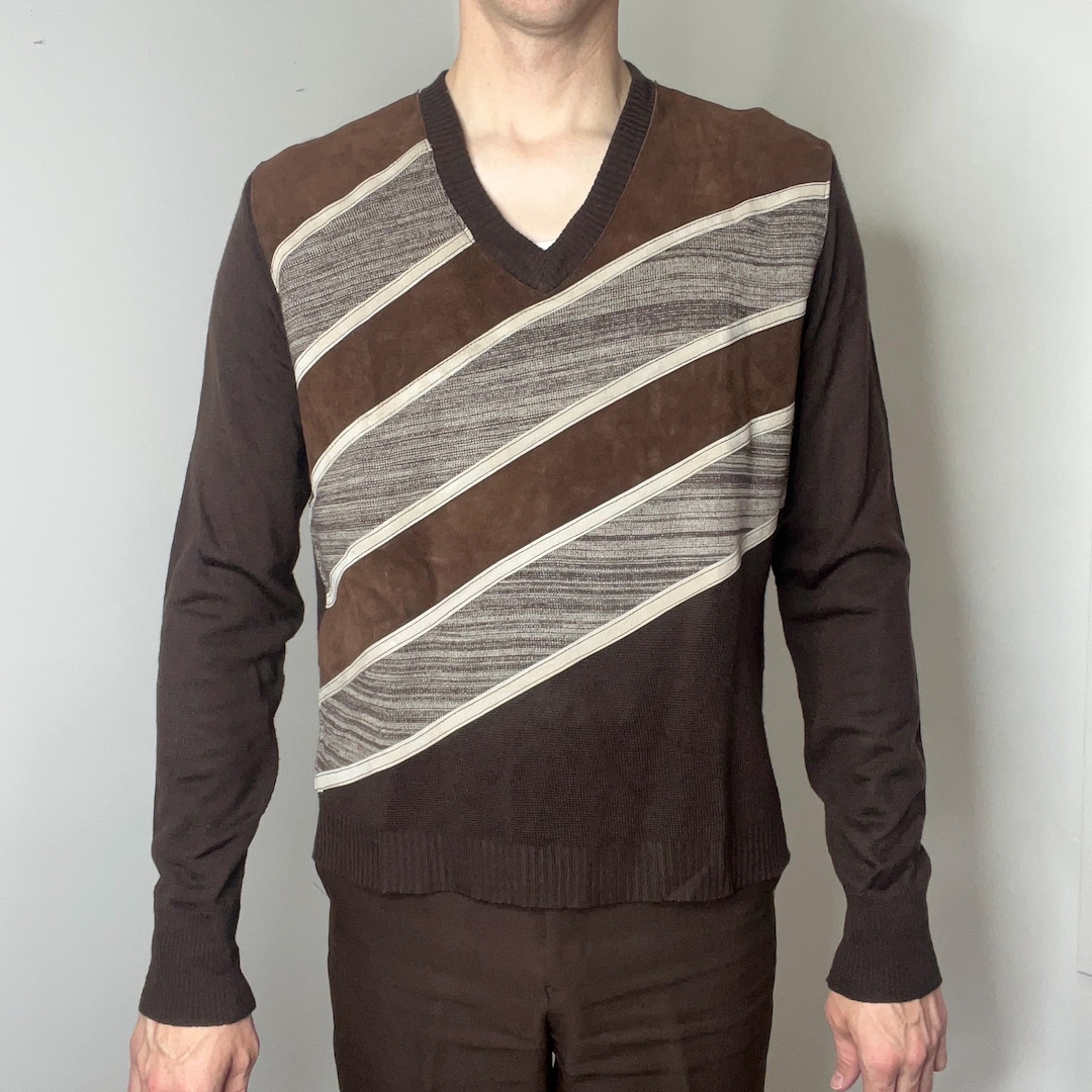 Vintage 70s Alan Stuart Acrylic Sweater: Brown Disco V-neck With ...