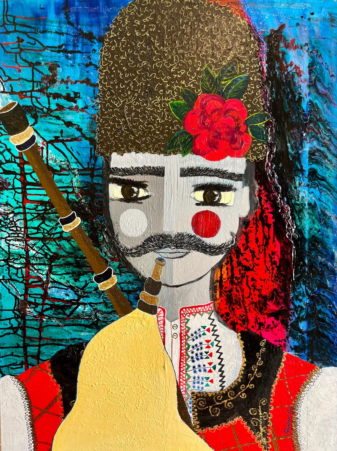 Bulgarian Fine Art Painting; Folk Man; Bagpipe; Gaida; Man Dressed in ...