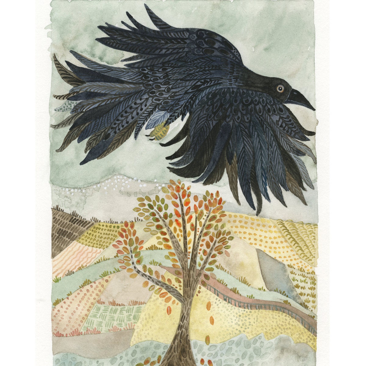 Art Print Crow Flying Over Farmland Original Watercolor | Etsy