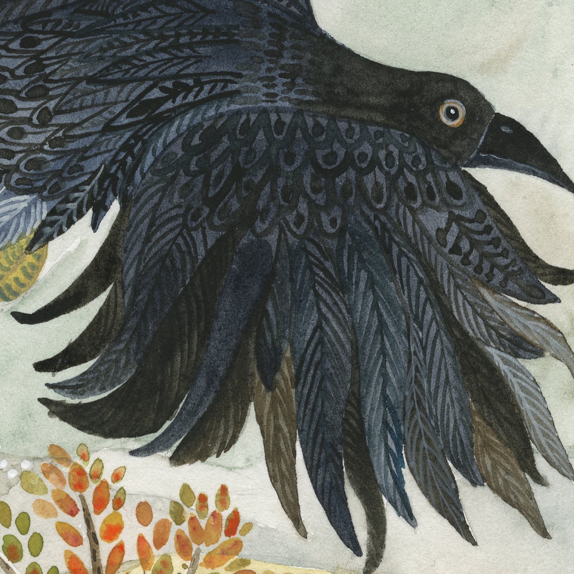 Art Print Crow Flying Over Farmland Original Watercolor - Etsy