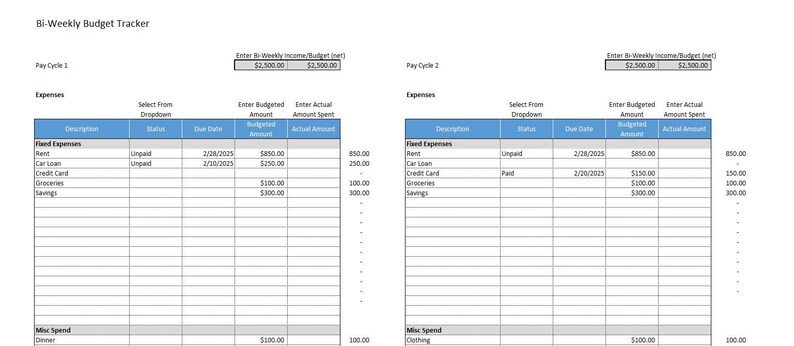 Bi Weekly Budget Excel Spreadsheet Template - Etsy