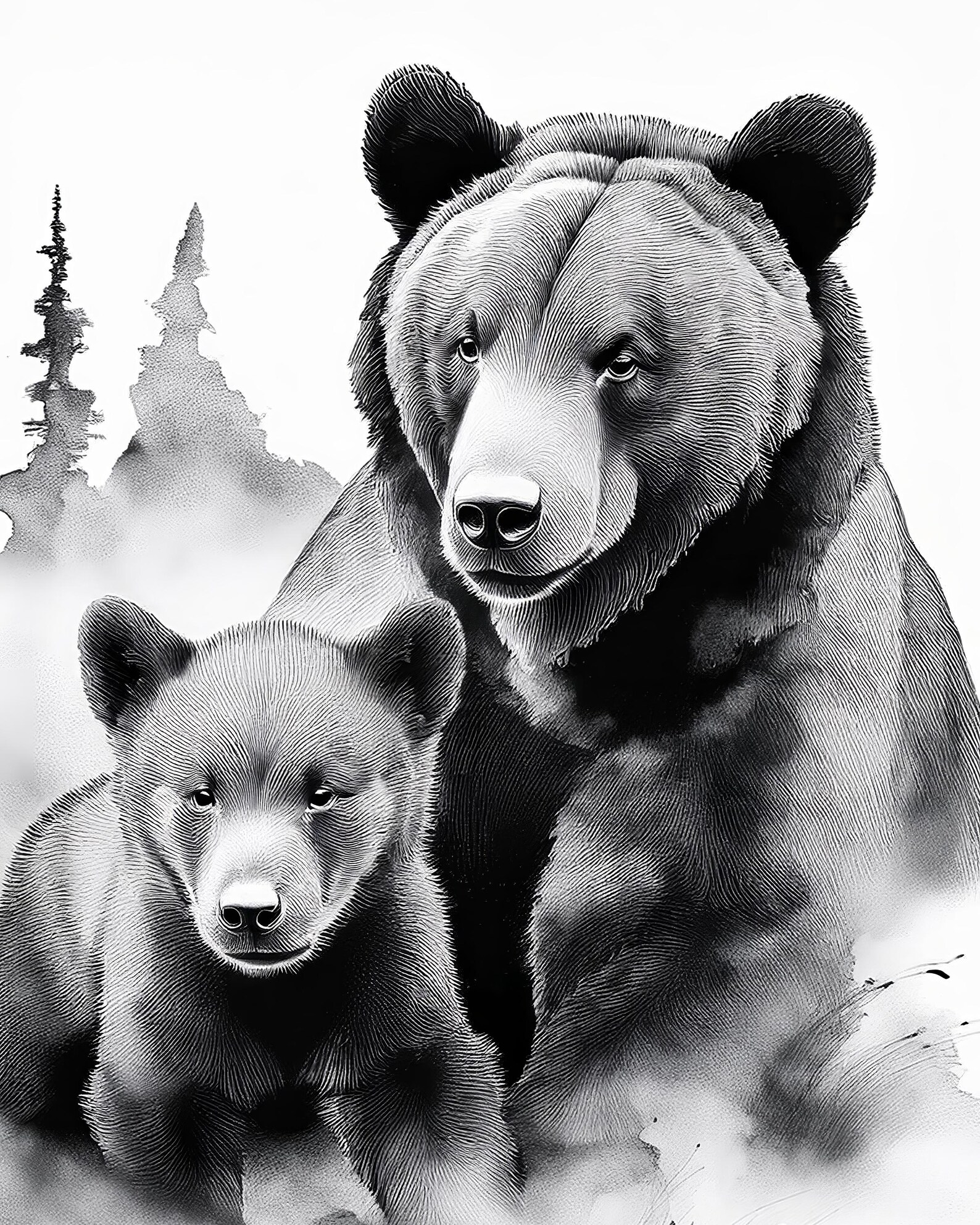 Grizzly Bear and Cub Drawing/sketch Grayscale - Etsy