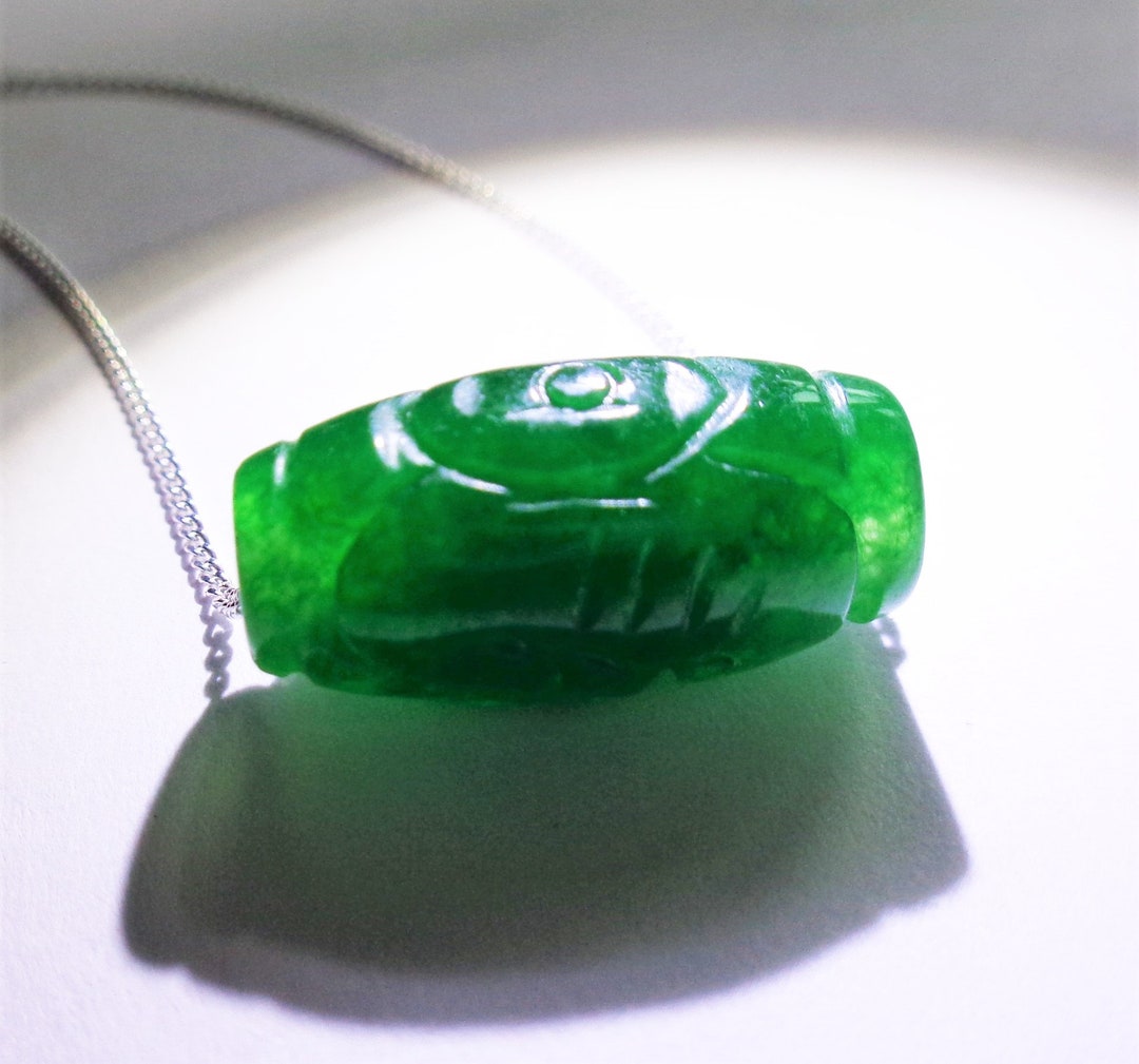 Imperial Green Jade Barrel Bead Necklace, Carved Lulutong or Lucky ...