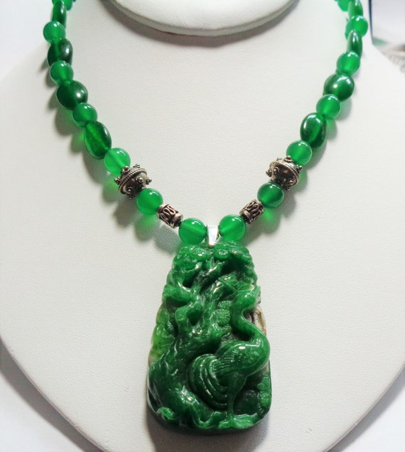 Jade Necklace Vintage Money Tree w Crane Carved 2 sides in Natural Untreated Imperial Green Jadeite Jade Beads w Sterling Adjust Toggle Etsy