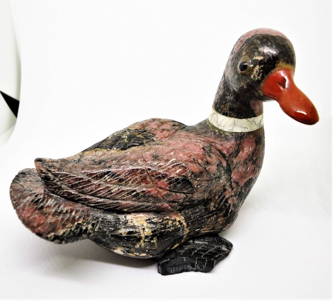 Hand Carved Pink Rhodonite Mallard Duck Figurine: Red Jasper Bill - Etsy